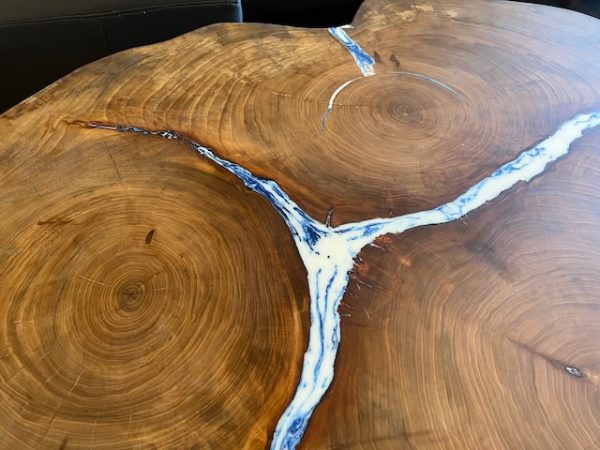 Elm Cookie Coffee Table With Live Edge And Blue Epoxy | Makers Woodshop